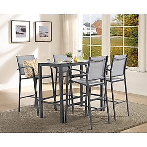 OC Orange-Casual 5-Piece Patio Bar Set, All-Weather Aluminum Textile Fabric Outdoor High Top Dining Table and Chairs, 4 Metal Bar Height Stools with Glass Top Bar Table, for Porch, Garden, Dark Grey