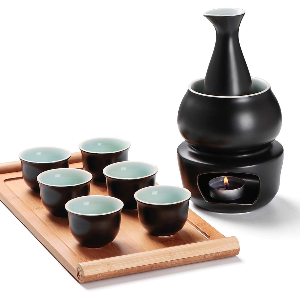 Dltsli Ceramic Sake Set + Bamboo Tray Warmer Pot, Porcelain Stovetop Hot Saki Drink Bottle, 10pcs Set 1 Stove 1 Warming Bowl 1 Sake Bottle 1 Tray 6 Cup Keep Sake Storage Gift Box (Black)
