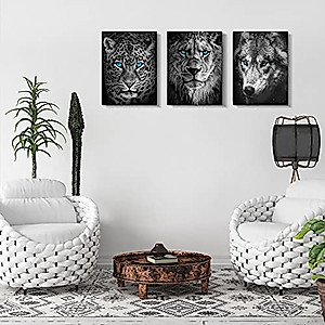 QTESPEII Black and White Animals Pictures Wall Art Decor for Bathroom Leopard Lion Wolf Head with Blue Eyes Paintings Canvas Prints Wildlife Artwork Framed Modern Home Office Decor 12"x16" 3 Panels