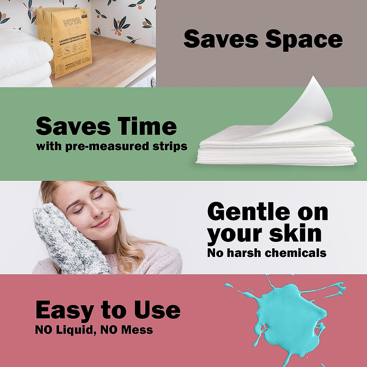 VOYA Unscented Natural Laundry Detergent Sheets 96 loads (32 Loads x 3 Pack) - Eco Friendly Hypoallergenic Baby Organic Laundry Soap Sheets, Premeasured Travel Detergent Pods, Washing Powder & Jabon para Lavar Ropa