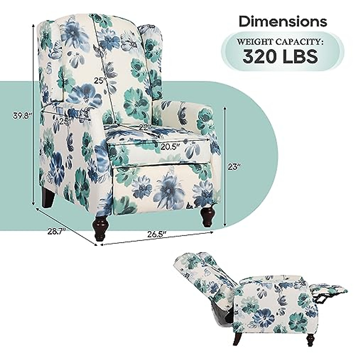 BAIJIAWEI B Wingback Recliner Chair - Tufted Arm Chair Recliner - Fabric Push Back Recliner Chair for Living Room Adjustable Backrest (Single, Green Floral)