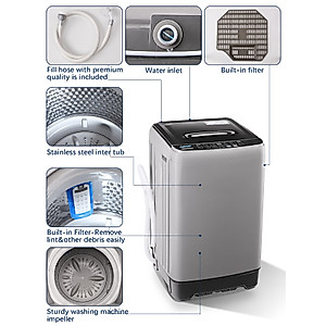 KRIB BLING Full-Automatic Washing Machine with LED Display, 17.7 lbs Portable Compact Laundry Washer with Drain Pump, 10 Wash Programs 8 Water Levels, Grey, XQB201A-GREY 177