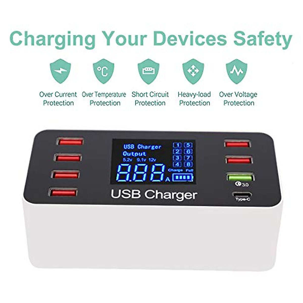 Multi USB 8-Port Smart Fast Desktop Hub Wall Charger Charging Station Quick Charge 3.0 USB Type C Port With LED Display Compatible with Apple Samsung Android Smart Phone, Tablet, Nintendo Switch Games