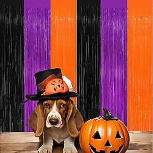 2 Pack 3.2ft x 9.8ft Halloween Foil Fringe Curtain, Black Orange Purple Metallic Tinsel Curtains Streamer Large Party Photo Booth Props Backdrops for Wall Door Indoor Outdoor Decorations
