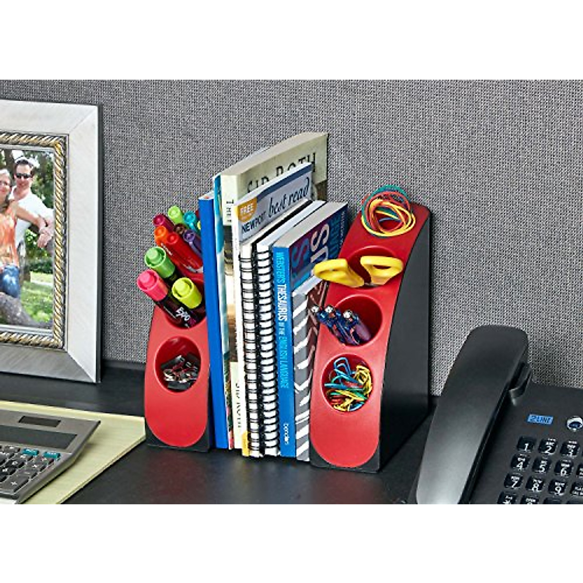 AdirOffice Smart Quarter Bookends & Office Desk Organizer - Heavy Duty Plastic w Non Skid Bottom - Includes Storage Wells to Keep Your Pens/Pencils in Place for Office/School/Library (Black and White)