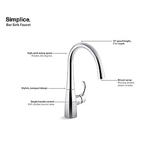 KOHLER 22034-VS Simplice Single-Handle Bar Sink Faucet, Secondary Kitchen Faucet, Bar Faucet, Vibrant Stainless
