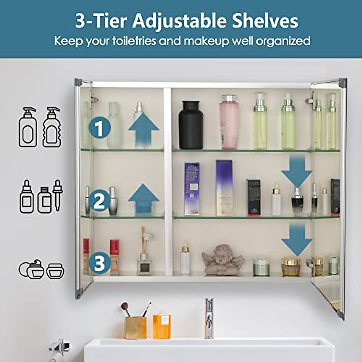 MOVO Double Doors Medicine Cabinet with Mirror, 30 inch X 26 inch Aluminum Bathroom Medicine Cabinet, Adjustable Glass Shelves, Waterproof and Rust-Resist, Recess or Surface Mount