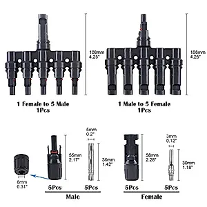 Glarks Solar Panel Connectors 1 Male to 5 Female and 1 Female to 5 Male T Branch Connectors Cable Coupler Combiner and 5 Pair Male/Female Solar Panel Cable Connectors Set (M/5F and F/5M)