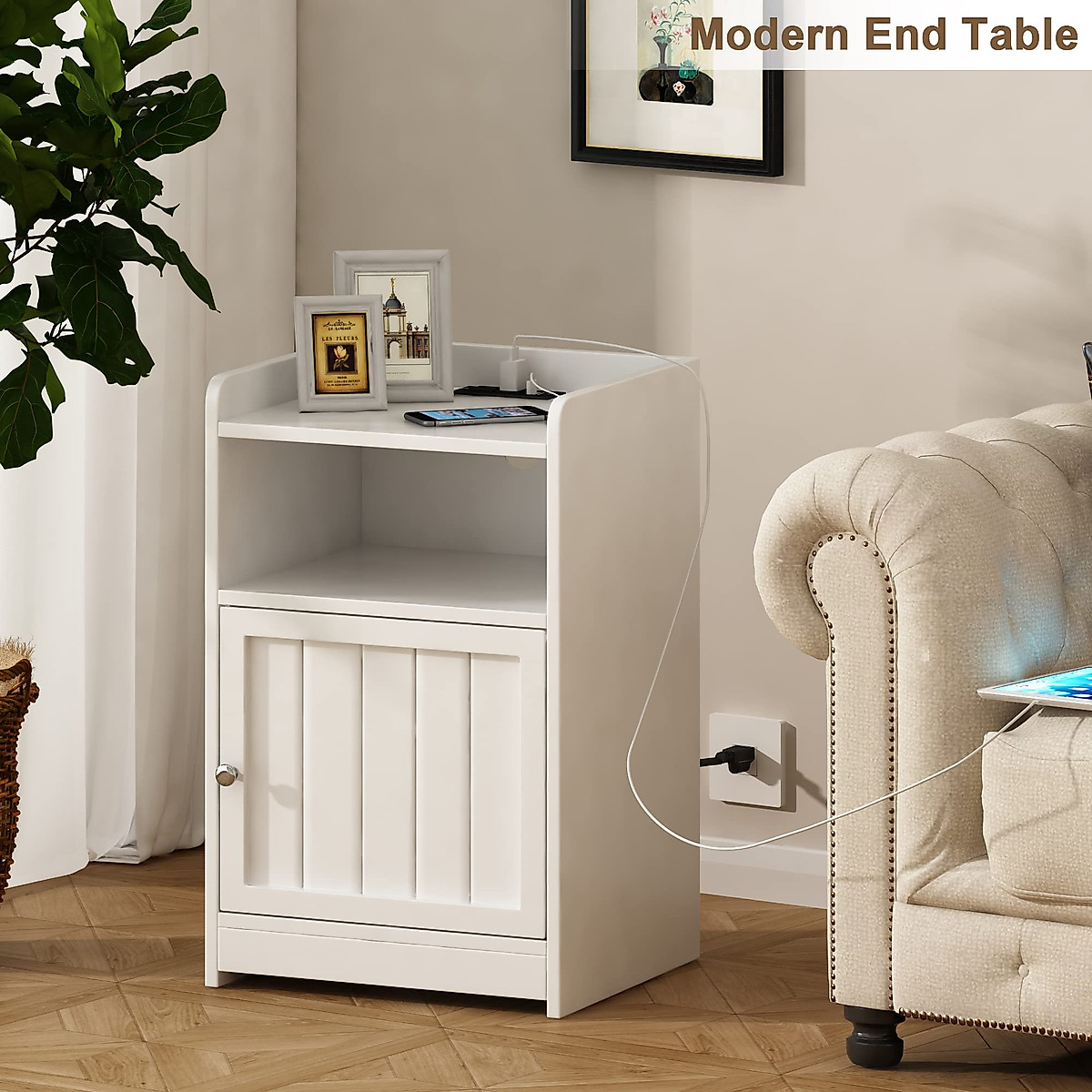 ChooChoo Nightstand with Charging Station, Night Stand with Cabinet and Open Storage, 2 AC and USB Power Outlets, Bed Side Table for Bedroom, White