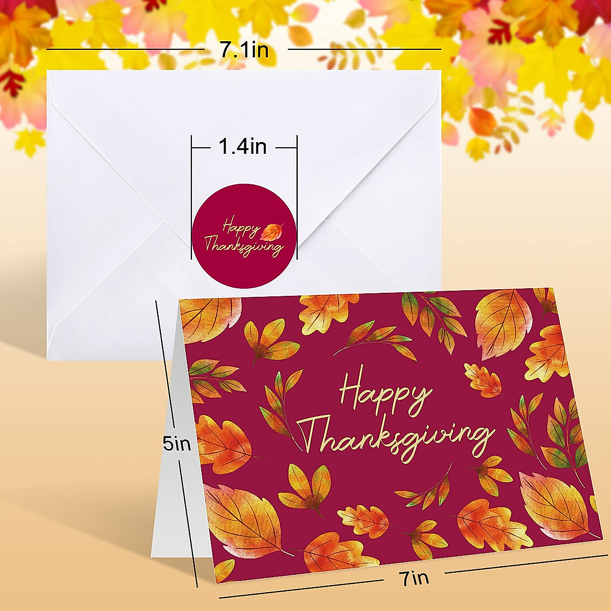 Whaline 24Pcs Thanksgiving Greeting Cards Assortment with Stickers and Envelopes 5" x 7" Large Happy Thanksgiving Cards Fall Leaves Patterned Thankful Grateful Note Cards for Party Favor Supplies
