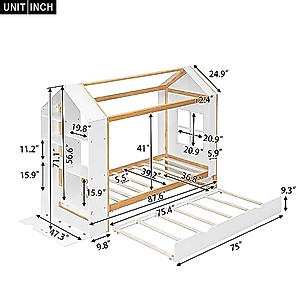 Harper & Bright Designs Twin House Bed for Kids,Wood House Bed with Trundle,Twin Size Platform Bed with Storage Shelves and Window,Twin Playhouse Bed for Girls Boys,White