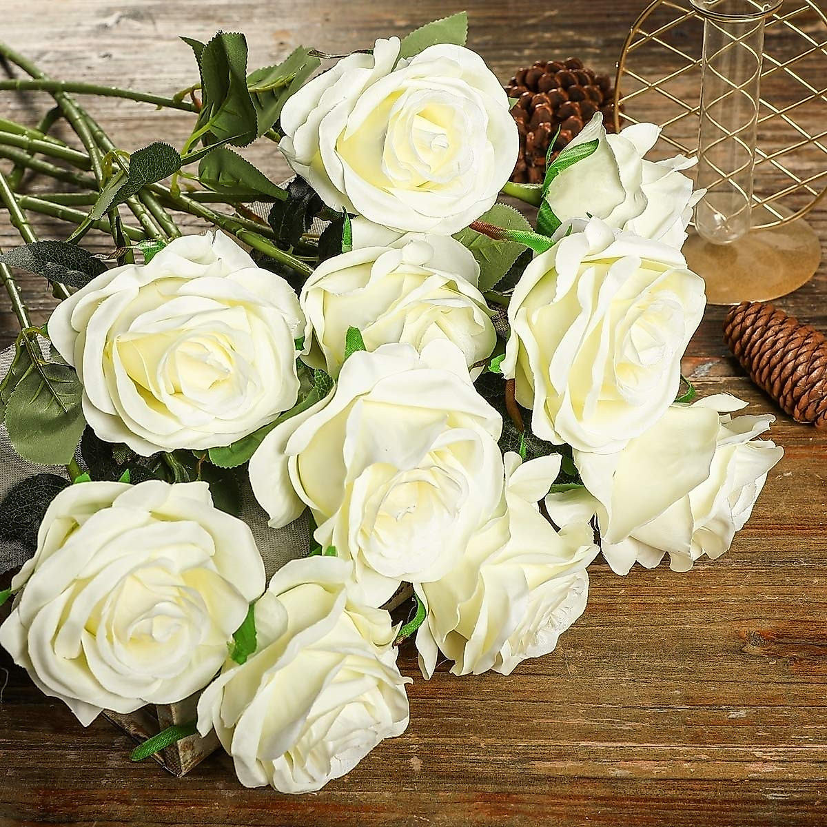 Kisflower 12Pcs White Roses Artificial Flowers, Realistic Single Stem Flowers Silk Rose Bouquet for Wedding Party Office Home Decor (White)