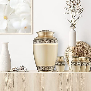 Reminded Set of 5 Floral Cremation Urns for Human Ashes - 1 Adult + 4 Keepsake Token Size, Gold