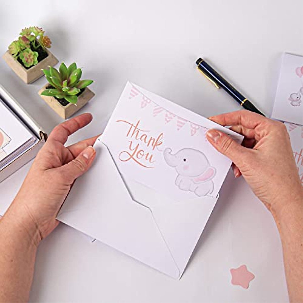 Baby Shower Thank You Cards with Envelopes for Girl. 50 Elephant Pink Thank You Cards Baby Shower with Envelopes for Baby Thank You Notes - Blank Inside Baby Shower Card Pack with Sealing Stickers…
