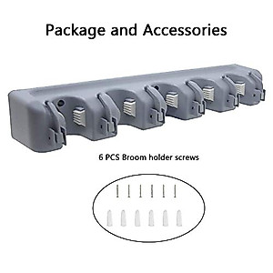 Mop Broom Holder Wall Mounted Kitchen Tool Organizer and Storage Rack, 6 Hooks and 5 Slots, Grey