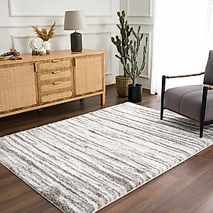 Hauteloom Mette Living Room, Bedroom Shaggy Area Rug - Bohemian Modern Striped Farmhouse Shag - Fluffy Soft Touch High Pile - Gray, White, Vizon - 6'7" x 9'