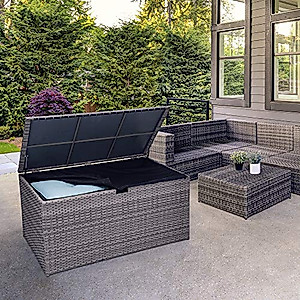 glitzhome Patio Wicker Storage Trunk with Lid, 140 Gallons Overside Outdoor Oversized All-Weather Cushion Storage Deck Box for Garden Tools, Pool Toys, Grey