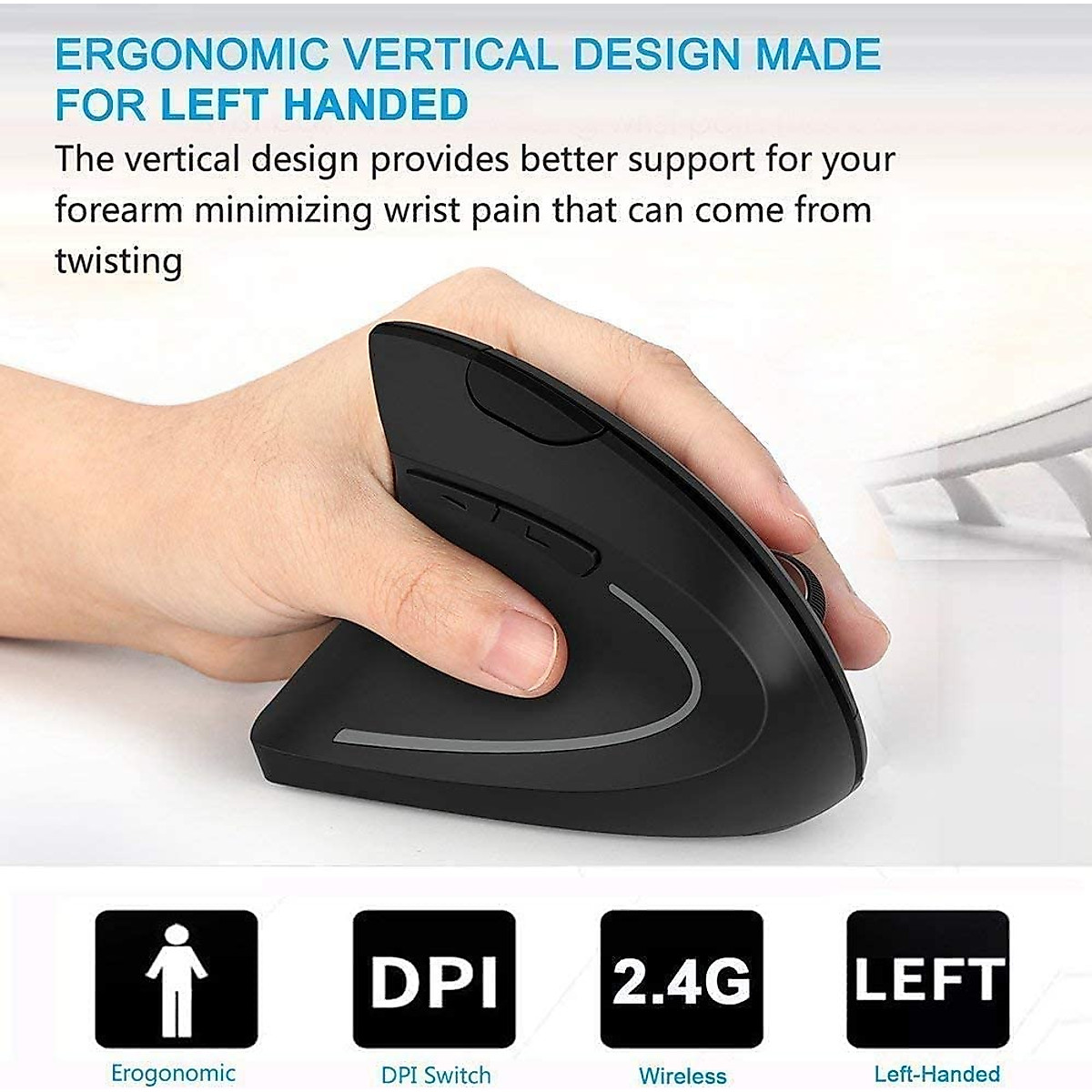 BeWishes Ergonomic Mouse Left Hand, 2.4G Left-Handed Wireless Vertical Mouse Ergonomic Mice, 3 Adjustable DPI (800/1200/1600), Specially for Left-handers