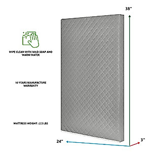 Dream On Me Aster 3" Fiber Portable Mini Crib Mattress, Waterproof Vinyl Cover, Greenguard Gold Certified, Mini Crib Mattress, 38" L x 24" W x 3" Th, Grey