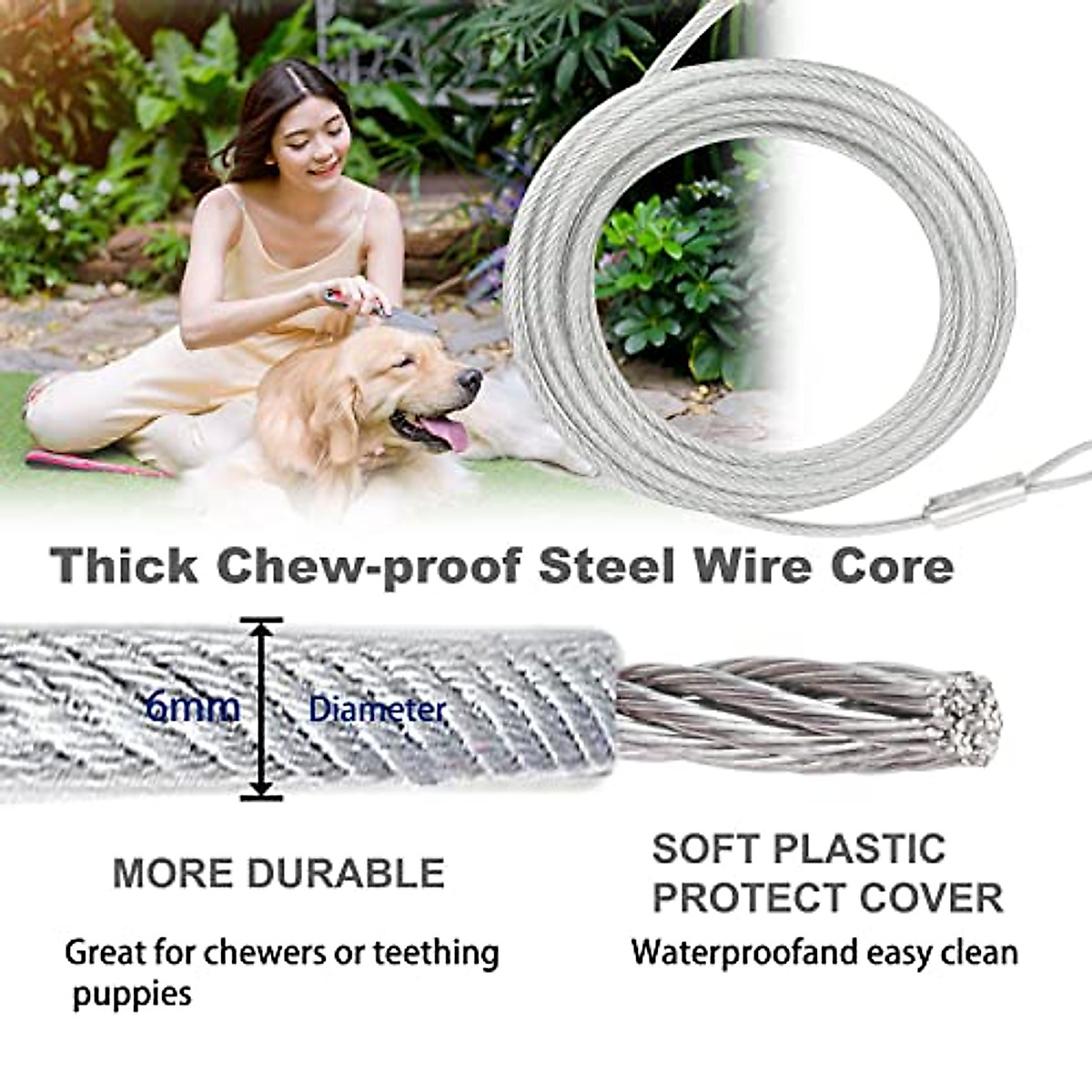 Darkyazi Dog Stake Tie Out Cable and Reflective Stake 16 ft Outdoor, Yard and Camping, for Medium to Large Dogs Up to 125 lbs (16ft Cable, 18" Stake, Silver)