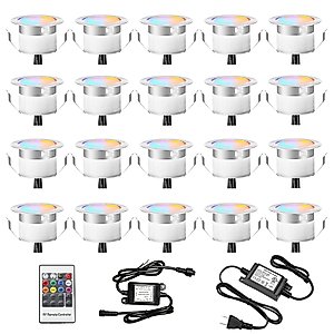 FVTLED Low Voltage 20pcs Multi-Color RGB LED Deck Lights Kit 1-3/4" Stainless Steel Recessed Wood Outdoor Yard Garden Decoration Lamp Patio Stairs Landscape Pathway Lighting