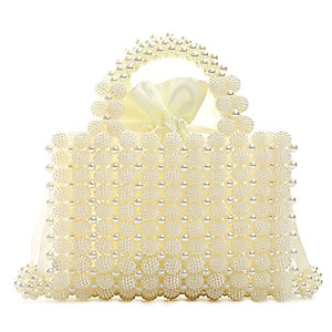 YUSHINY Women Handmade Pearl Beaded Evening Handbag Top Handle Purse with InnerBag & DustBag (White)