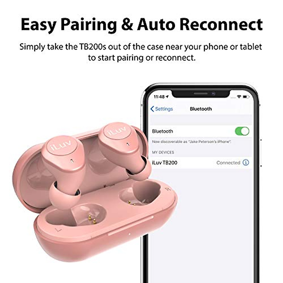 iLuv TB200 Rose Gold True Wireless Earbuds Cordless in-Ear Bluetooth 5.0 with Hands-Free Call Microphone, IPX6 Waterproof Protection, High-Fidelity Sound; Includes Compact Charging Case & 4 Ear Tips