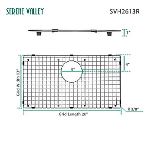Serene Valley Sink Bottom Grid 26" X 13", Rear Drain with Corner Radius 3/8", Sink Protector SVH2613R