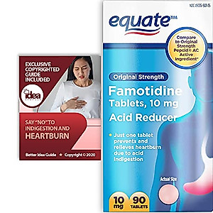 Equate Famotidine Tablets, 10 mg, Original Strength, Acid Reducer for Heartburn Relief, 90 Ct Bundle with Exclusive "Say "NO" to Indigestion and Heartburn" - Better Idea Guide (2 Items)