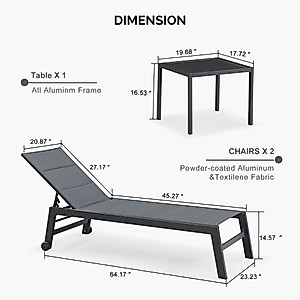 PURPLE LEAF Outdoor Chaise Lounge Set of 2 Aluminum Patio Lounge Chair with Wheels and Side Table Pool Chaise Lounge Chair for Outdoor Backyard Poolside Grey