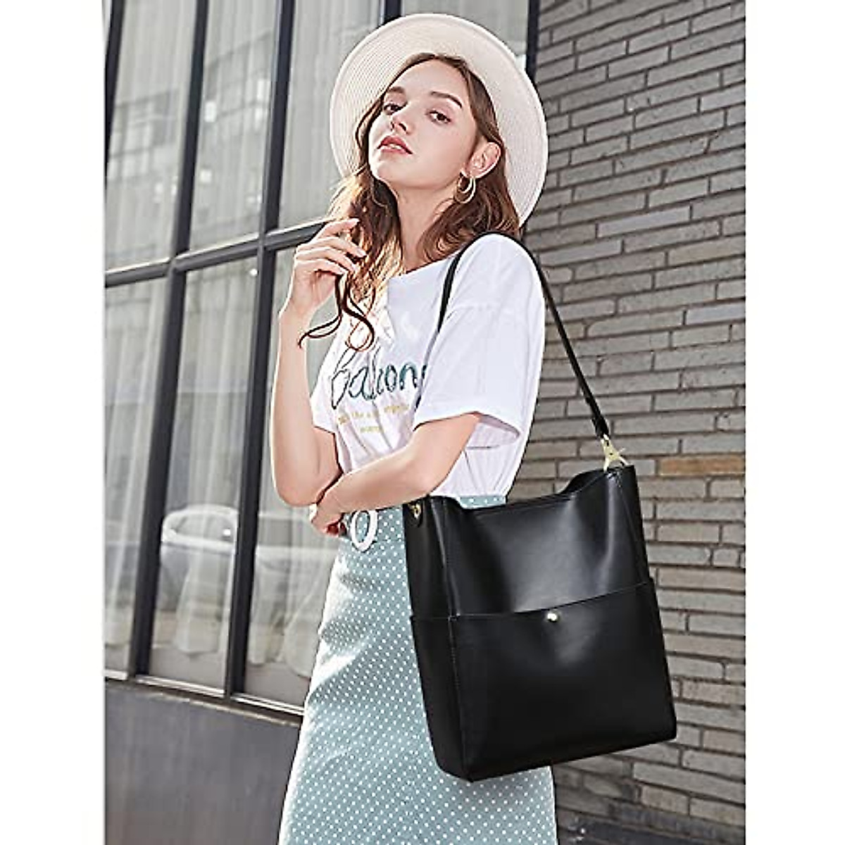 Seammer Genuine Leather Bucket Handbags for Women Large Designer Hobo Shoulder Handbag Purse Black