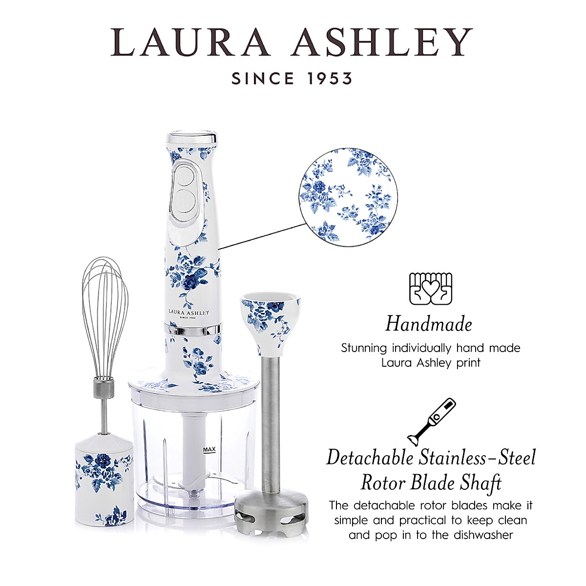 Laura Ashley 150W Immersion Blender Handheld - 4 in 1 Electric Hand Blender for Kitchen with Durable Stainless Steel Blades, Whisk & 300ml Mixing, Pouring Cup - 2 Speed Modes Hand Held Stick Blender