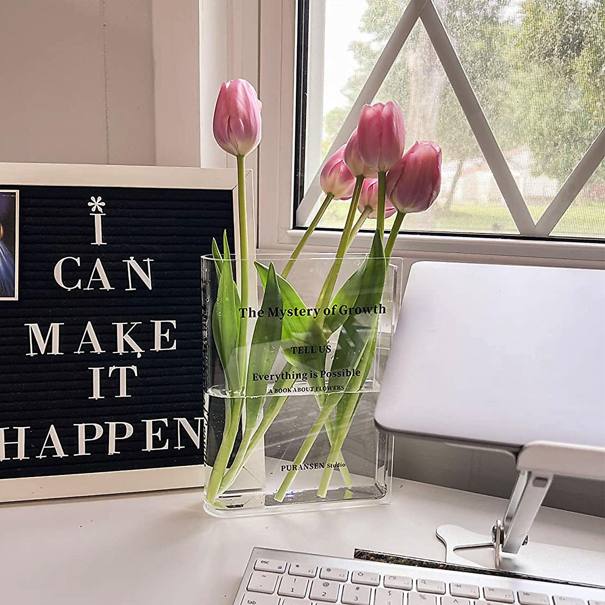 Puransen Bookend Vase for Flowers, Cute Home Office Decor; Unique Vase for Book Lovers, Artistic and Cultural Flavor Acrylic Clear Vases (Not Including Flowers)