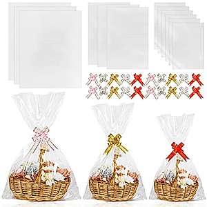 50pcs Cellophane Bags 3 Sizes Cellophane Wrap for Gift Baskets 24x30 16x24 12x18 Large Clear Packaging Bags with 50 Pull Bows for Gift Wrapping Plastic Gift Bags Easter Basket