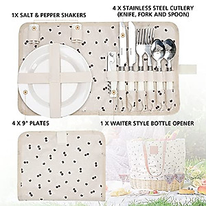 WILLOW WEAVE Willow Picnic Baskets Set for 4, Sturdy Woven Base & Linen Picnic Beach Tote Bag with Drawstring Closure, Insulated Lining & Durable Straps, for Outdoor Events, Shopping - Cherry