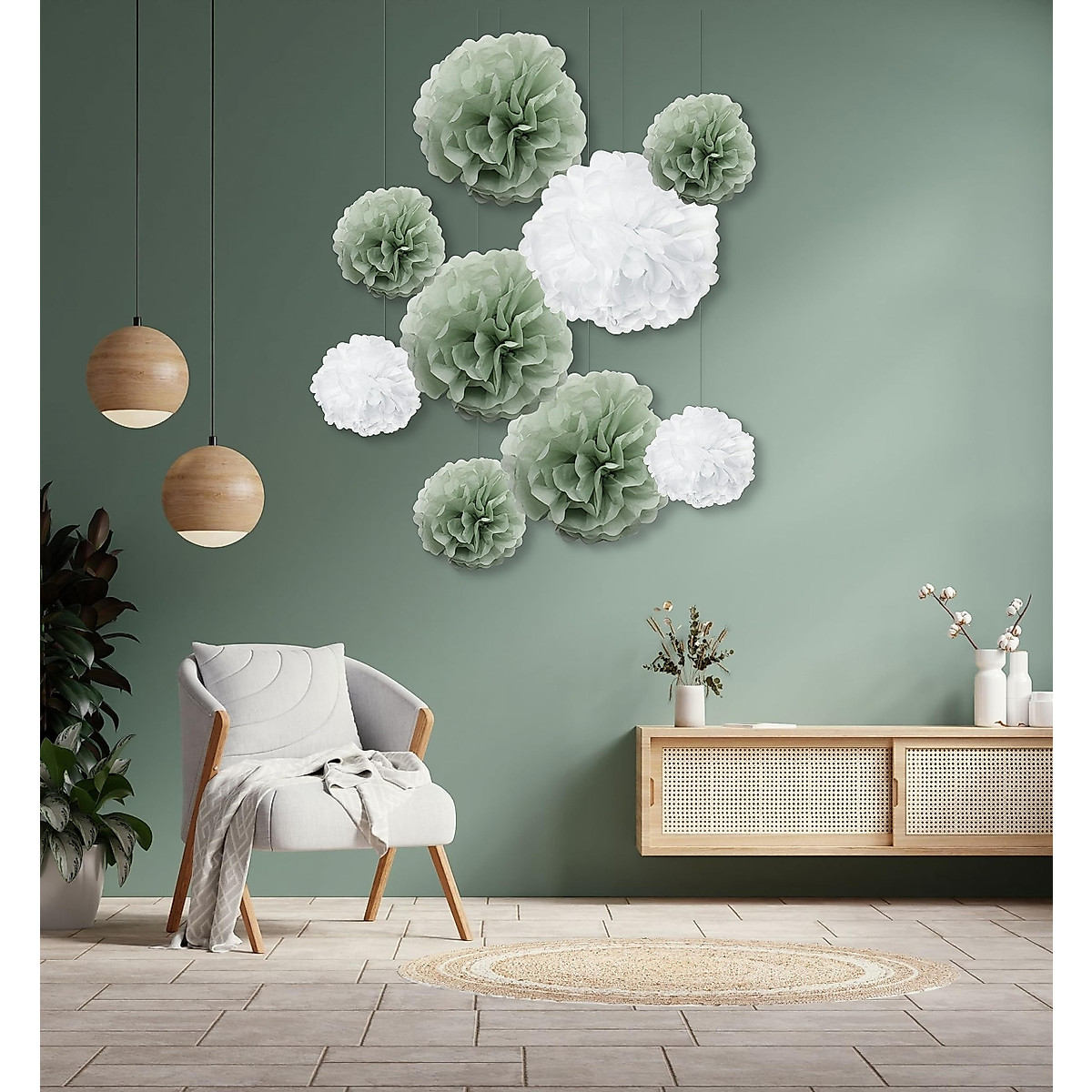 9PCS Dusty Sage Green White Large Tissue Paper Pom Poms Flower Wall Hanging Backdrop Centerpieces for Botanical Greenery Baby Shower Gender Reveal Bridal Shower Wedding Birthday Nursery Garden Décor