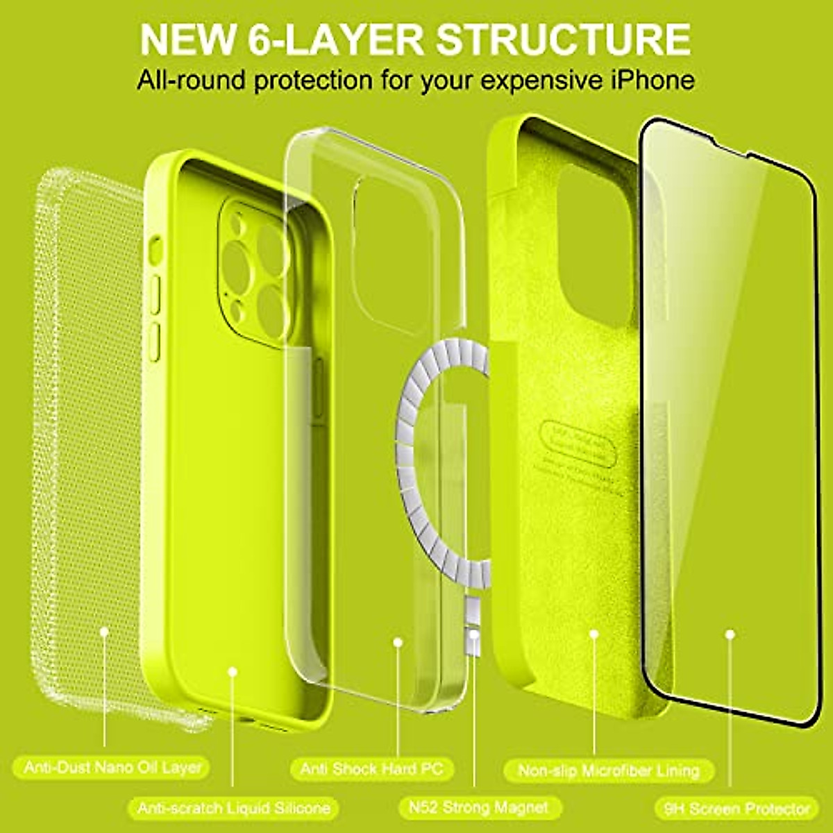Vooii Compatible with MagSafe iPhone 14 Pro Max Magnetic Case,[9H Screen Protector][Camera Protective][Soft Microfiber Lining] Liquid Silicone Shockproof Case for iPhone 14 Pro Max - Fluorescent Green
