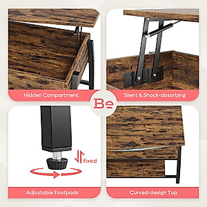 Bestier Lift Top Coffee Table with Storage, 42" Industrial Mesh Shelve Space-Saver Table, Wooden Rising Tabletop Oval Center Table for Living Room