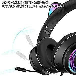 VIGROS Cat Ear Gaming Headphones Wired AUX 3.5mm LED Light, Noise Canceling Game Headphones Stereo Foldable Over-Ear Headsets with Microphone Fit Girls, Kids for PC, PS4, Switch, Xbox, Mobile, Laptop
