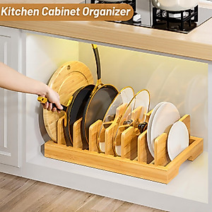 Kiasthome Bamboo Pot and Pan Organizer, Pot Lid Organizer Holder Rack for Countertop Drawer, Kitchen Cabinet Organizer with 7 Adjustable Dividers for Pots, Pans, Baking Sheets, Cutting Boards, Nature