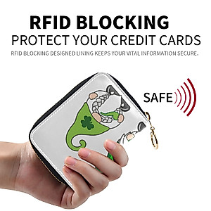 St Patrick Day Gnomes with Green Shamrock Clovers Leaves on WhiteGrey Credit Card Coin wallet, RFID Blocking Compact Women Leather Card Holder, Key Change Organizer, Zipper Purse Clutch Pouch