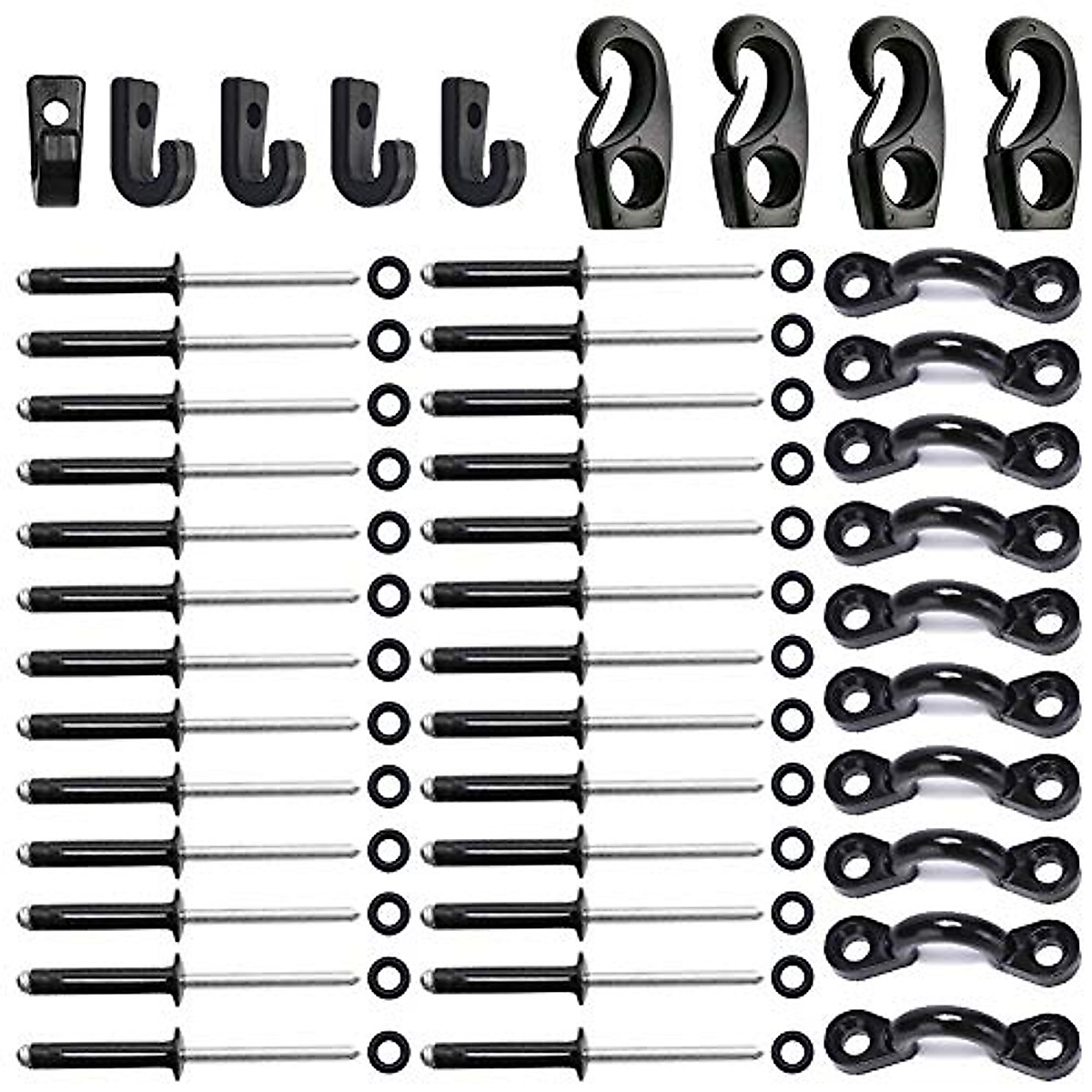 SPORBA Kayak Pad Eye Kit, Expanded Deck Rigging Kit with 5PCS Deck Loops Tie Down Hooks 26PCS Tri-Grip Rivets and 4PCS Cord End Hooks Kayak Replacement Parts for Kayaks Canoes Boats