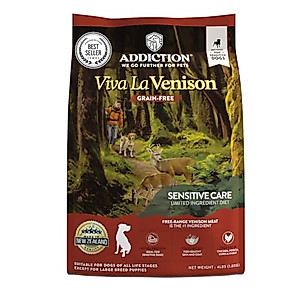 Addiction Viva La Venison Premium Grain-Free Dry Dog Food - Single Protein & Novel Meat with Probiotics - No Chicken, Beef, or Turkey - Ideal for All Dogs & Puppies 4lb