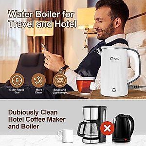 EVATEK Small Electric Kettle, 600W Mini Portable Tea Kettle, Travel Stainless Steel Interior Hot Water Boiler, Auto Shut-Off & No Base, Gift for Camping, Office, Student Dormitory