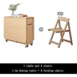 Juan Folding Dining Table Set, Wooden Extendable Dining Table with 4 Chairs, Drop Leaf Table for Kitchen Dining Room Living Room Restaurant-1.4m