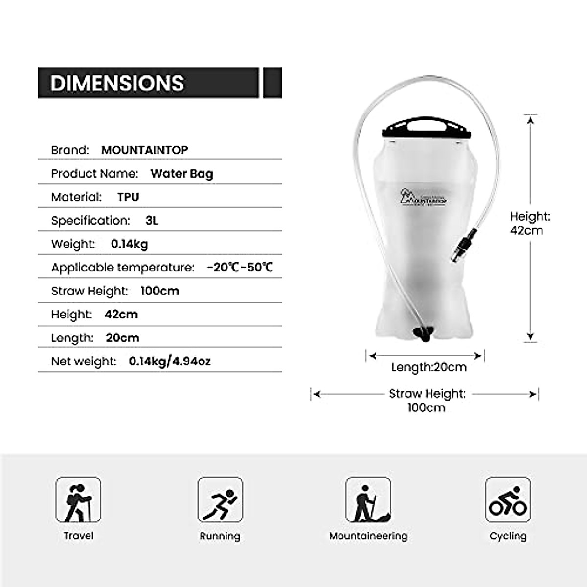 MOUNTAINTOP 40L Hiking Backpack with 3L Hydration Bladder for Women & Men Outdoor Travel Camping Day Pack with Rain Cover, 21.7 x 13 x 7.9 in,Blue Sky