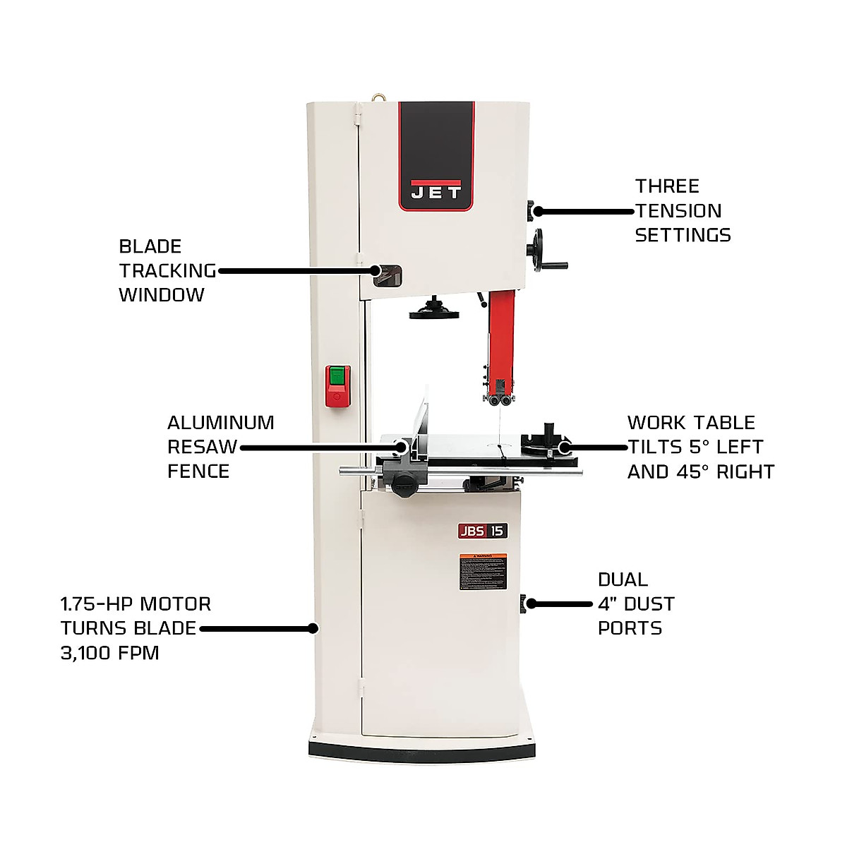 JET JWBS-15, 15-Inch Woodworking Bandsaw, 1-3/4HP, 1Ph 115/230V (714600)