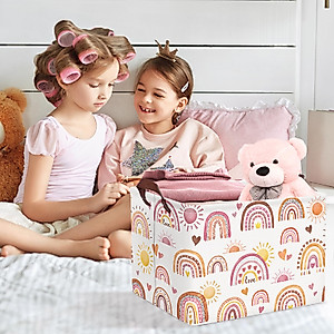 Clastyle Boho Pink Purple Rainbow Storage Baskets Rectangular Sun Heart White Shelf Basket with Handle Clothes Books Toys Storage Bin for Bedroom Kindergarten