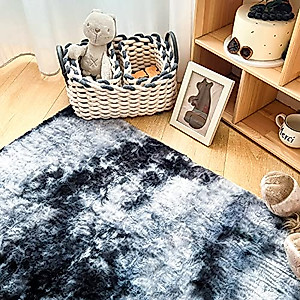 NEWCOSPLAY Faux Fur Area Rug Rainbow Tie Dye Carpet Playing Mat for Girls Bedroom Living Room Home Décor (2' x 3', Grey Rainbow)