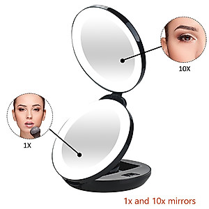 VrHere MirriM LED Lighted Travel Makeup Magnifying Mirror,Magnifies 10x and 1x, Luxury Double Side and Folding Pocket Vanity/Cosmetic Mirror (Black)